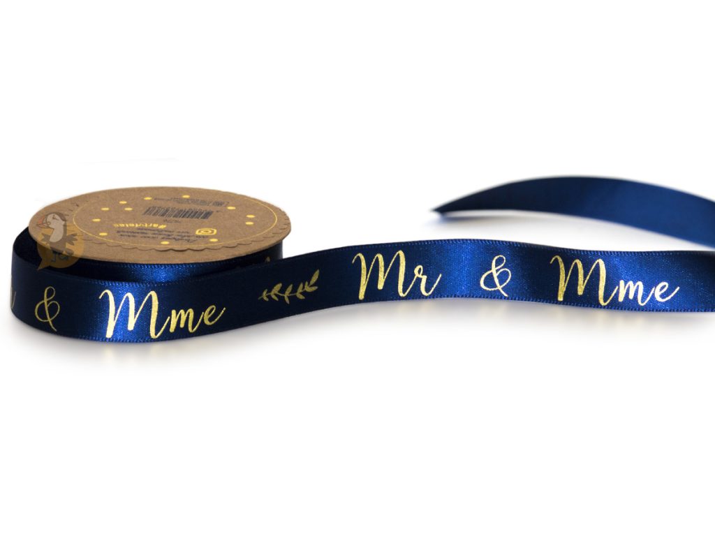 ⇒ Ruban en satin bleu marine et doré mariage Mr & Mme - 10m x 1.9cm